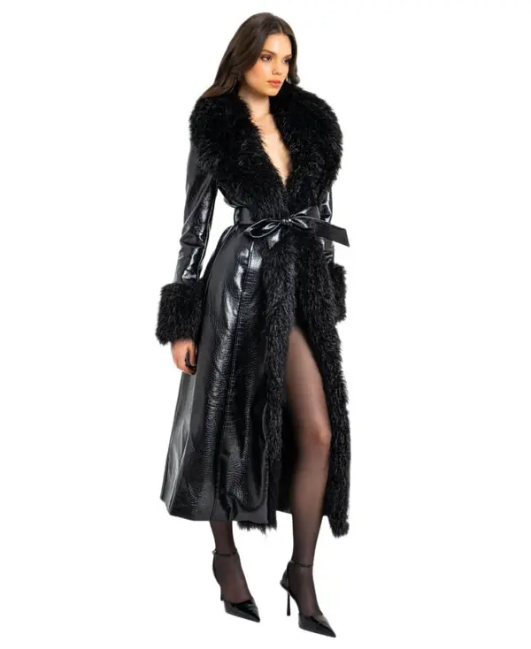 MISS CIRCLE NEW YORK Faux Croc Leather Coat With Faux Fur Trim