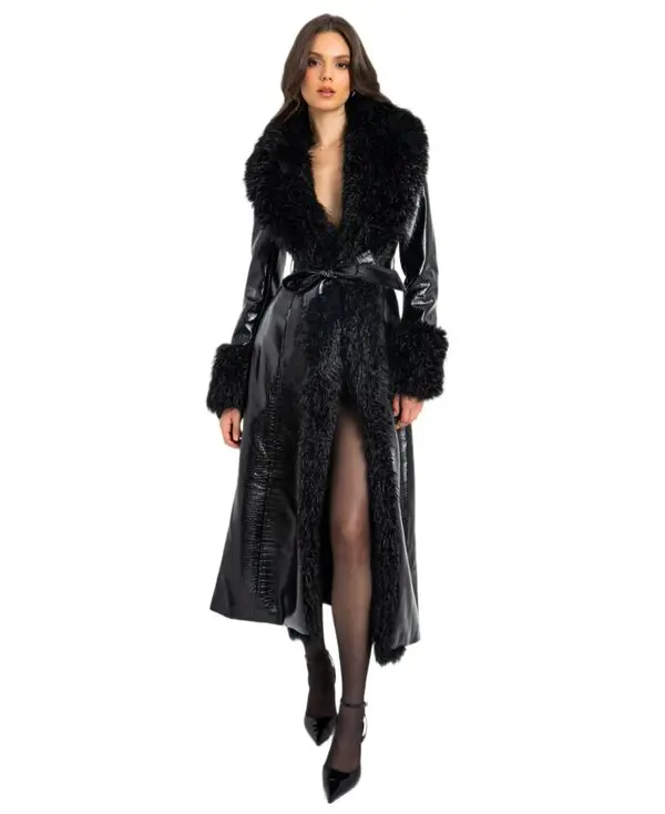 MISS CIRCLE NEW YORK Faux Croc Leather Coat With Faux Fur Trim