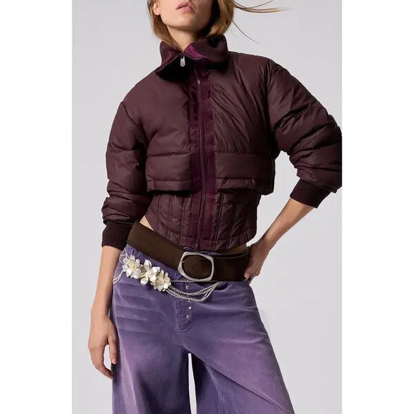 Desigual Quilted Crop Puffer Jacket - Burgundy