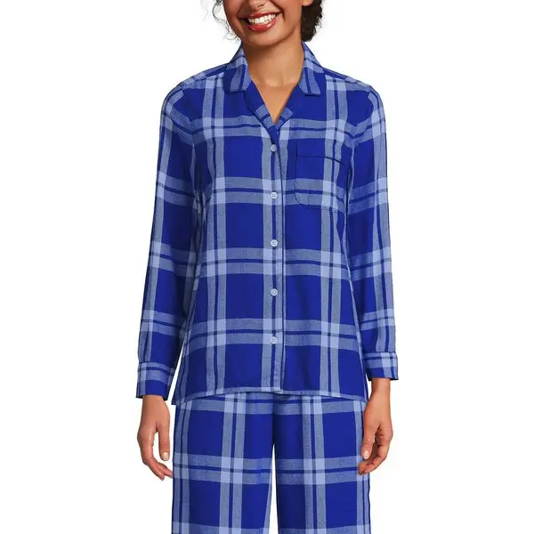 LANDS' END Long Sleeve Print Flannel Pajama Top - Clear Blue Sky/lapis Plaid