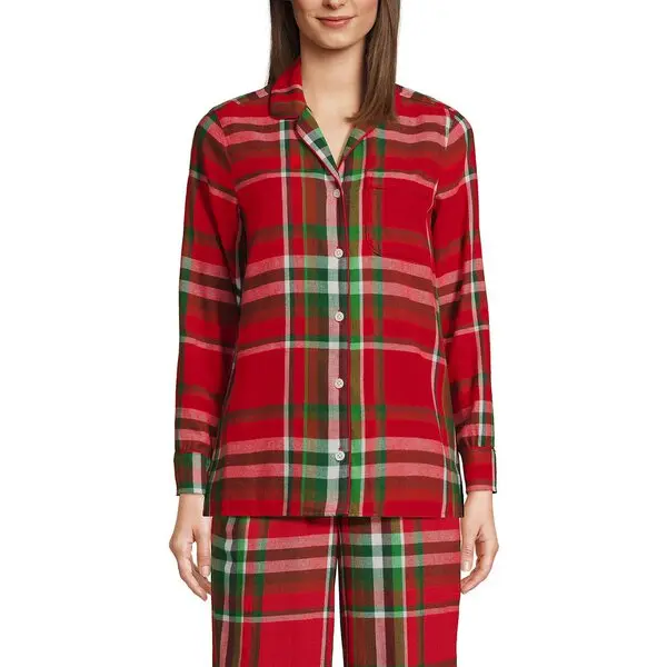 LANDS' END Long Sleeve Print Flannel Pajama Top - Compass Red/emerald Plaid