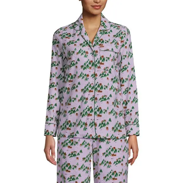 LANDS' END Long Sleeve Print Flannel Pajama Top - Lavender Blush Village