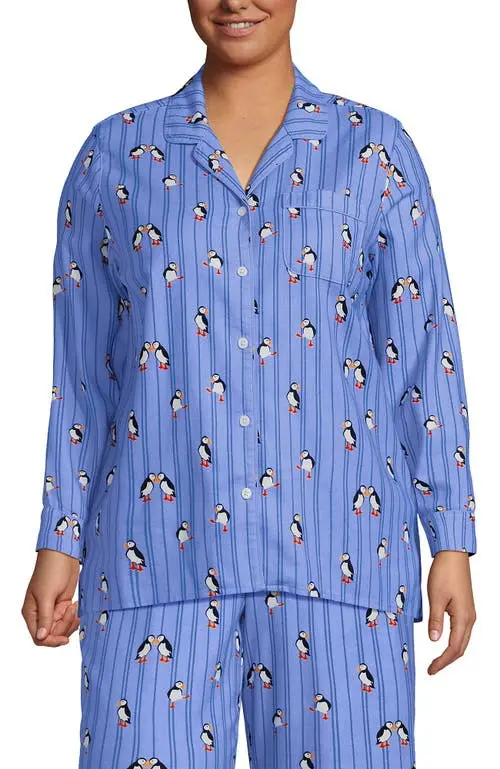 LANDS' END Long Sleeve Print Flannel Pajama Top - Clear Blue Playful Puffins