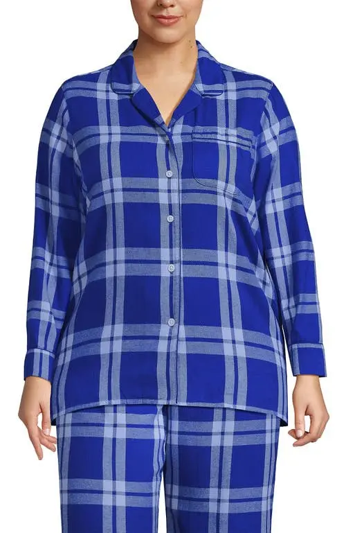 LANDS' END Long Sleeve Print Flannel Pajama Top - Clear Blue Sky/lapis Plaid