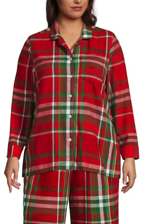 LANDS' END Long Sleeve Print Flannel Pajama Top - Compass Red/emerald Plaid