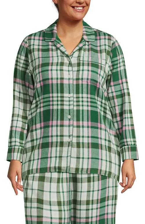 LANDS' END Long Sleeve Print Flannel Pajama Top - Light Emerald/pink Plaid
