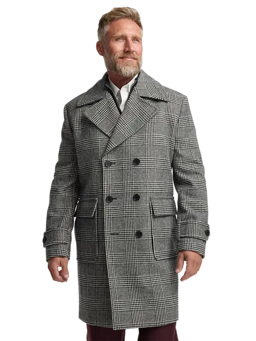 PAUL FREDRICK Wool Blend Plaid Double Breasted Topcoat