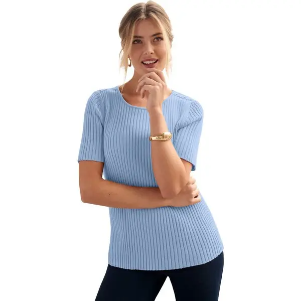 JESSICA LONDON Ribbed Knit Pullover With Shoulder Buttons - Azure Mist