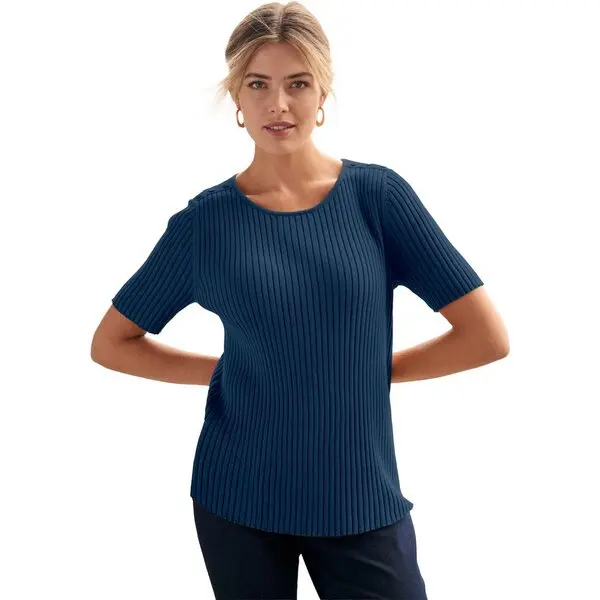 JESSICA LONDON Button Ribbed Knit Pullover Sweater - Navy