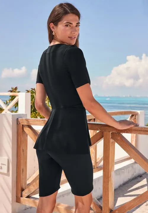 SWIM 365 Faux Wrap Tankini Top With Short Sleeves - Black