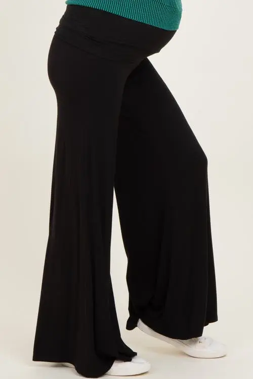 PINKBLUSH Fold Over Waist Maternity Wide Leg Lounge Pants - Black