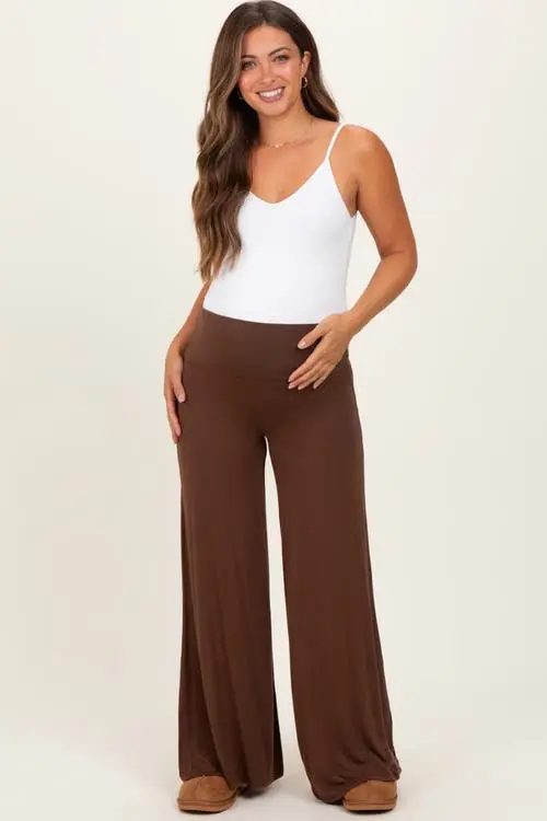 PINKBLUSH Fold Over Waist Wide Leg Lounge Pants - Brown
