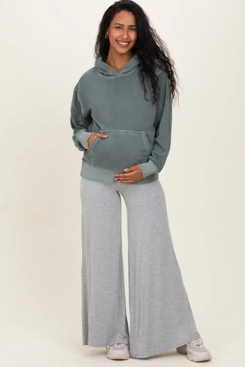 PINKBLUSH Fold Over Waist Maternity Wide Leg Lounge Pants - Heather Grey