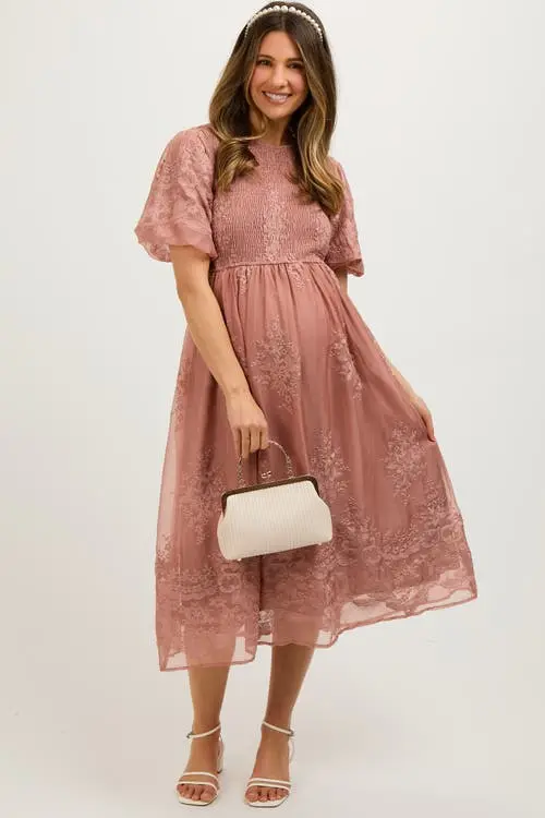 PINKBLUSH Floral Lace Smocked Maternity Midi Dress - Mauve