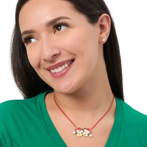 Disney Mickey And Minnie Mouse Santa Necklace And Stud Earrings Set