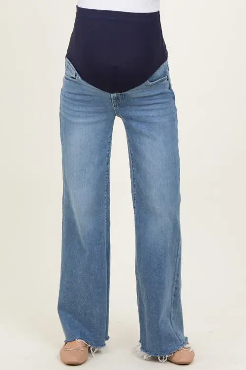 PINKBLUSH Distressed Relaxed Wide Leg Maternity Jeans - Blue