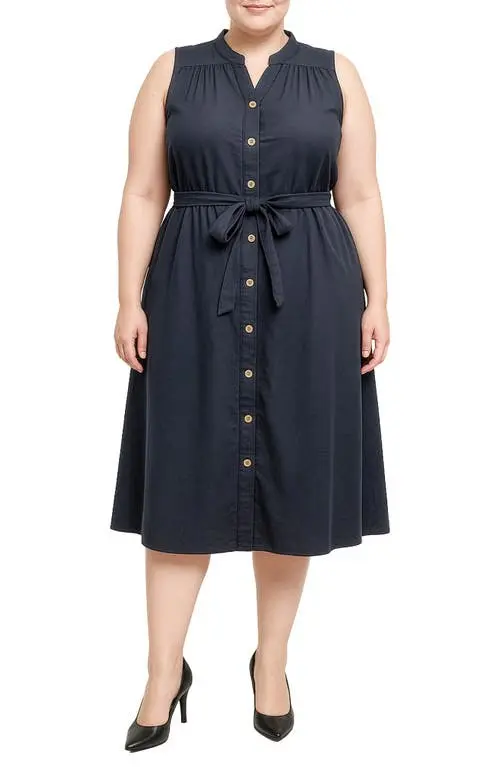 STANDARDS & PRACTICES Belted Sleeveless Cotton Shirtdress - Navy