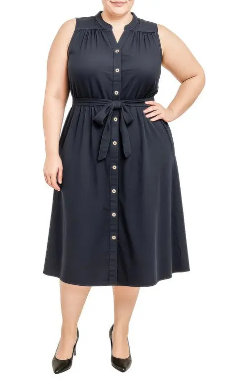 STANDARDS & PRACTICES Belted Sleeveless Cotton Shirtdress - Navy