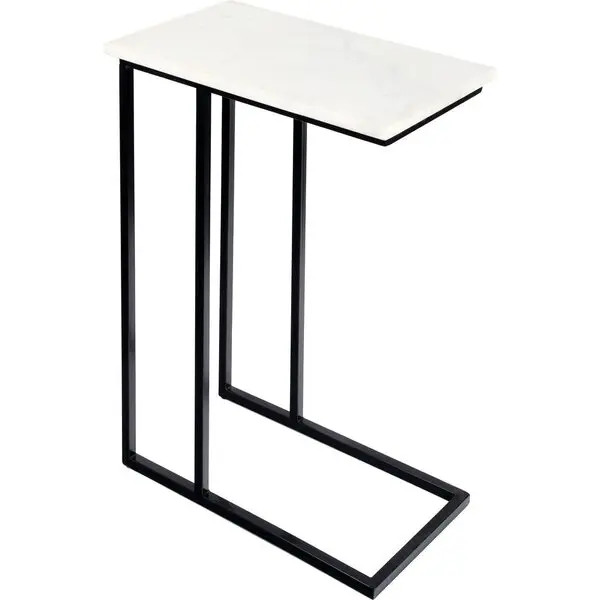 JONATHAN Y Caius 24.25" Designer Industrial Metal C-shaped End Table And Side Couch Table With White Marble Top - White/black