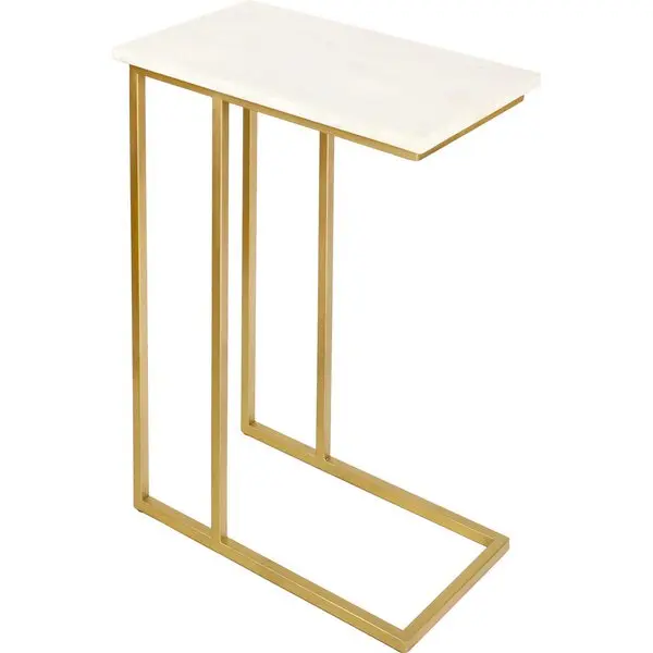 JONATHAN Y Caius 24.25" Designer Industrial Metal C-shaped End Table And Side Couch Table With White Marble Top - White/gold