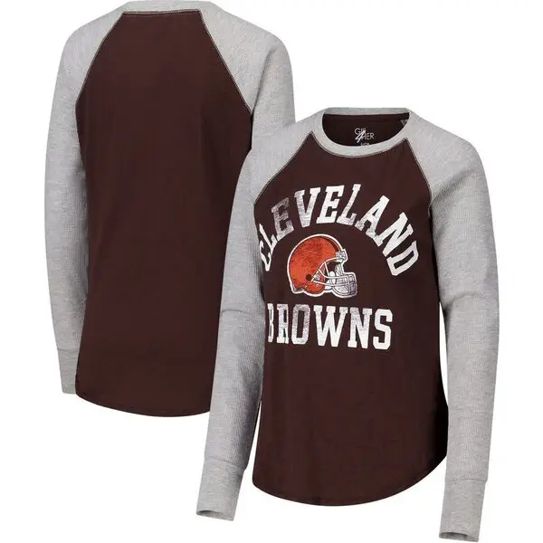 G-III 4HER BY CARL BANKS Heather Gray Cleveland S Waffle Knit Raglan Long Sleeve T-shirt - Brown