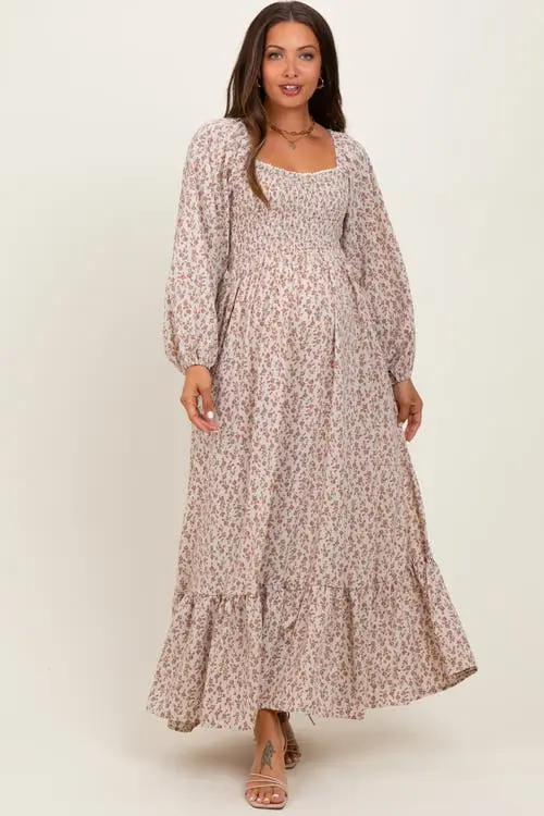 PINKBLUSH Floral Smocked Lace Trim Sweetheart Maxi Dress - Pink