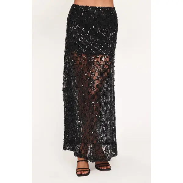 PETAL & PUP Sequin Lace Maxi Skirt - Black