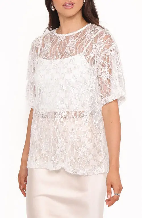 PETAL & PUP Oversize Check Sequin Floral Lace Top - White