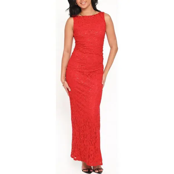 PETAL & PUP Ruben Sequin Lace Ruched Maxi Dress