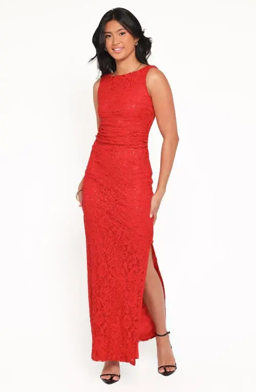 PETAL & PUP Ruben Sequin Lace Ruched Maxi Dress