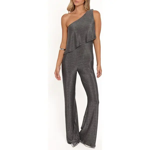 PETAL & PUP Metallic One-shoulder Flare Jumpsuit - Black Silver