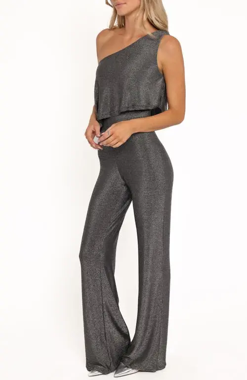 PETAL & PUP Metallic One-shoulder Flare Jumpsuit