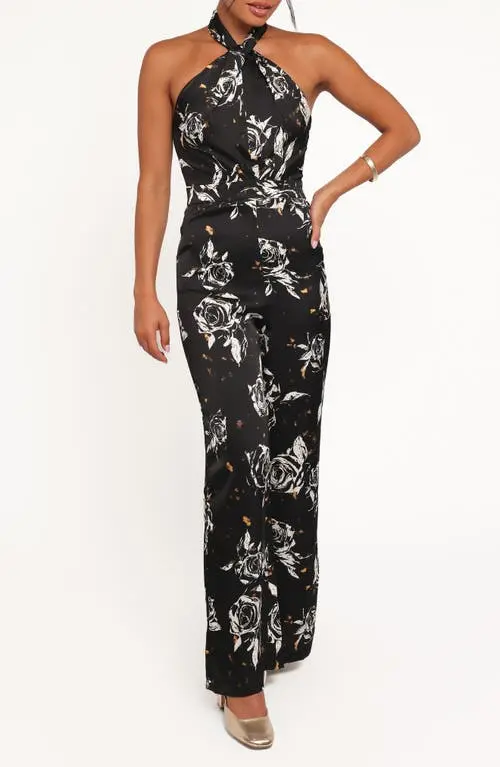 PETAL & PUP Raelynn Floral Halter Jumpsuit - Black Floral