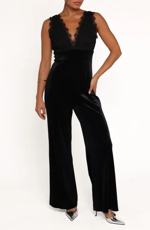 PETAL & PUP Eloise Lace Trim Velvet Jumpsuit - Black Velvet