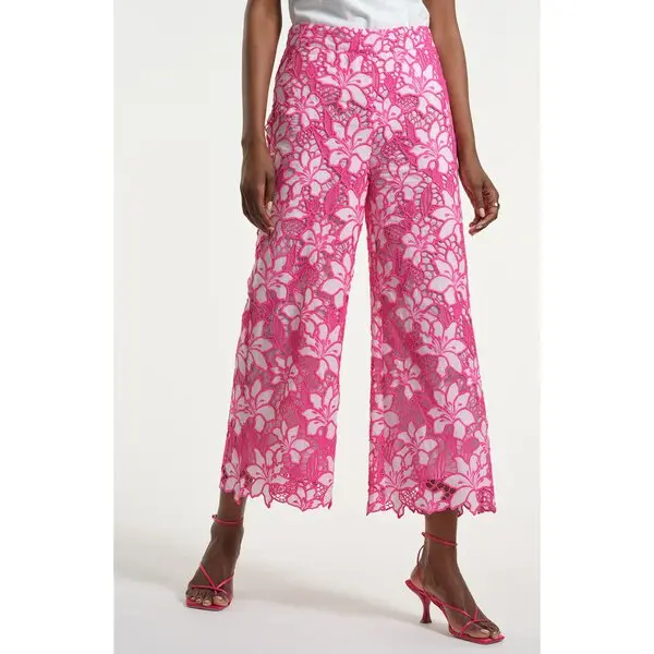 ISAAC MIZRAHI NEW YORK Floral Embroidered Eyelet Crop Wide Leg Pants - Fuchsia Multi