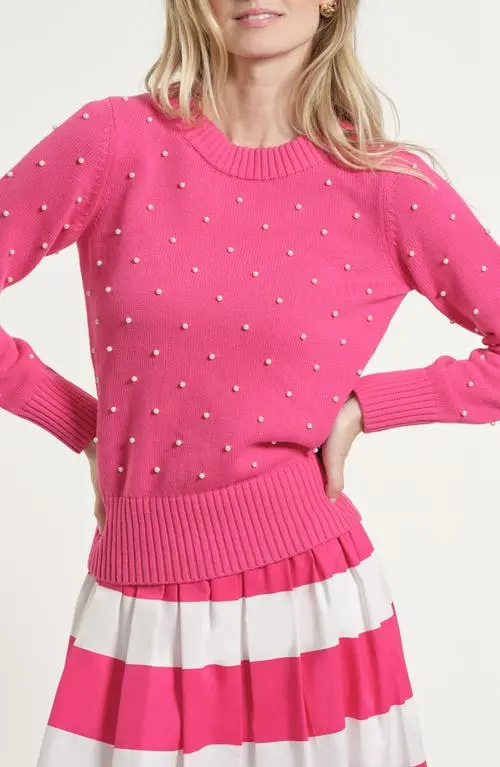 ISAAC MIZRAHI NEW YORK Faux Pearl Accent Cotton Crewneck Sweater - Fuchsia