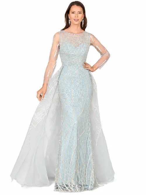 LARA NEW YORK Long Sleeve Lace Gown With Tulle Overskirt - Frost