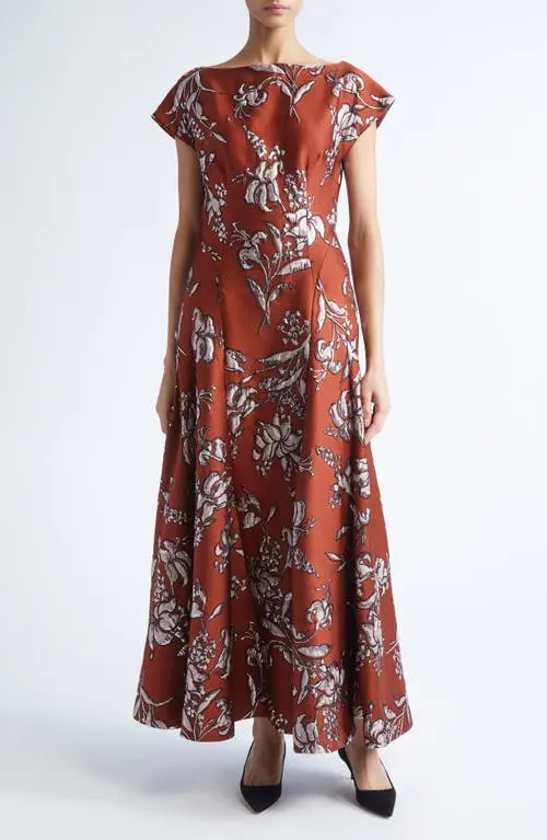 Lela Rose Metallic Floral Brocade A-line Gown