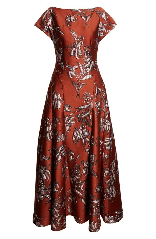 Lela Rose Metallic Floral Brocade A-line Gown