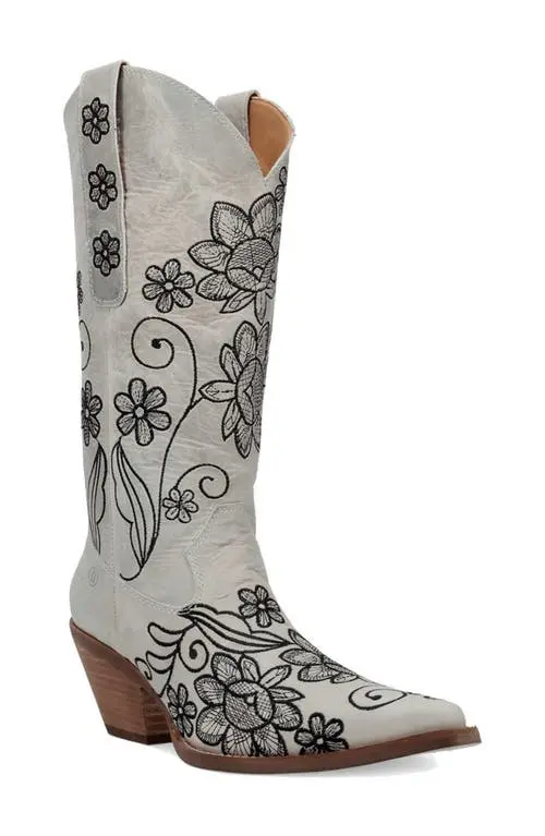 DINGO Floral Embroidery Western Boots - White