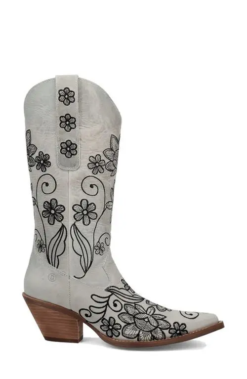 DINGO Floral Embroidery Western Boots - White