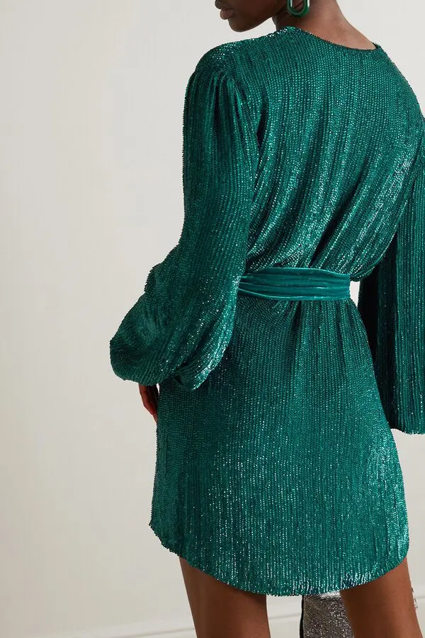 Retrofete Gabrielle Velvet-trimmed Sequined Mini Wrap Dress - Emerald