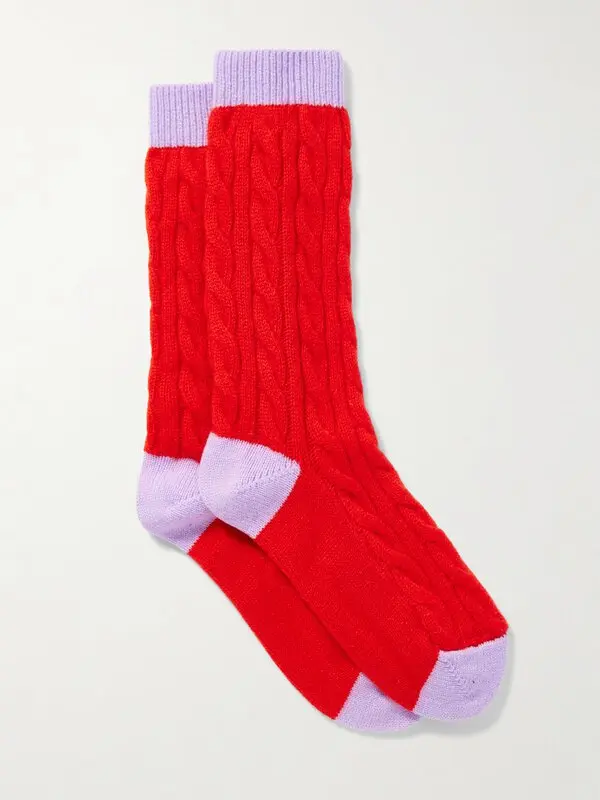 Guest In Residence Two-tone Cable-knit Cashmere Socks - Red