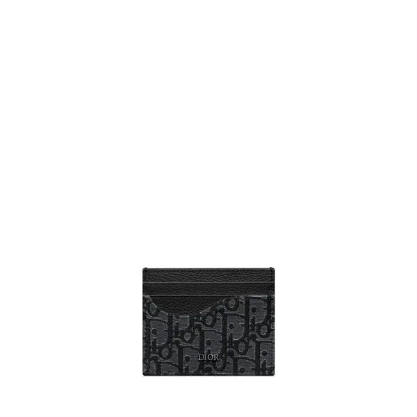 Dior Saddle Card Holder - Black Grained Calfskin And Silver-tone Metallic Dior Oblique Jacquard Marquetry