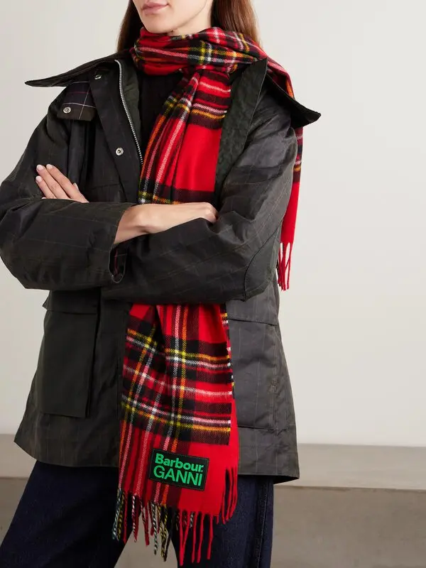 Barbour Ganni Fringed Appliquéd Checked Wool Scarf