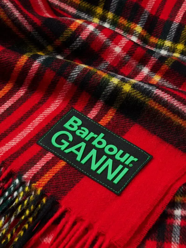 Barbour Ganni Fringed Appliquéd Checked Wool Scarf