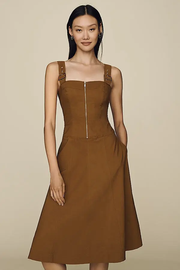 Maeve Hardware A-line Zip-front Midi Dress - Brown