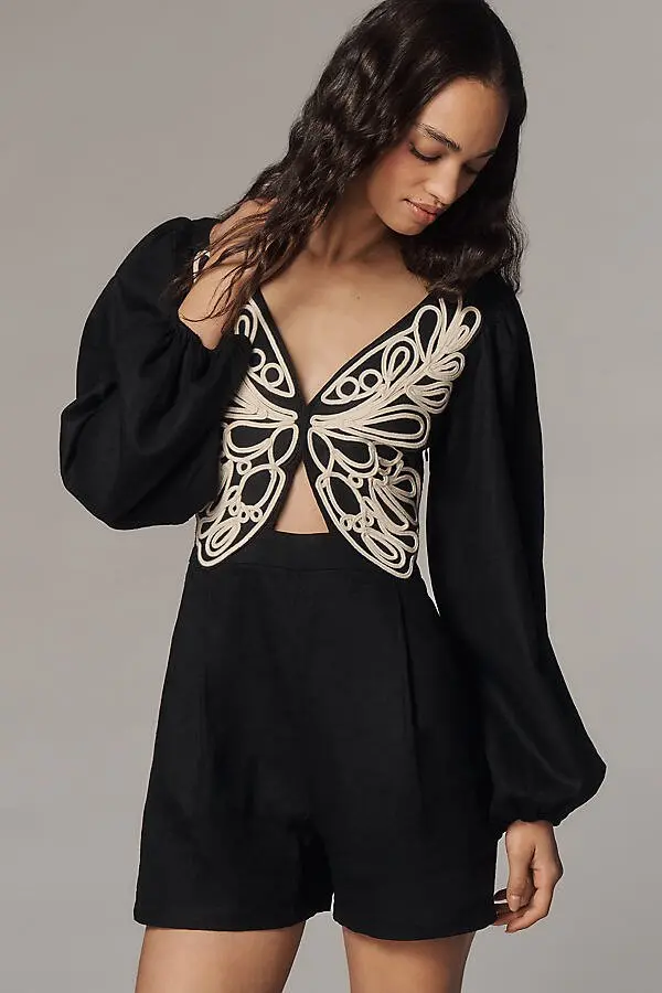 Farm Rio Embroidered Long-sleeve Romper - Black