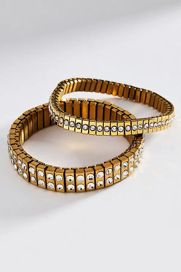 Anthropologie Crystal Stretch Bracelets Set - Gold