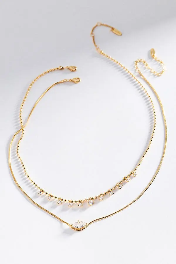 Anthropologie Mixed Crystal Layering Necklaces, Set Of 2 - Gold